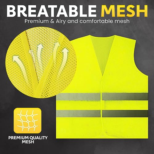 PeerBasics Safety Vests 10 Pack - Yellow Reflective High Visibility, Hi Vis Silver Strip, Men Women, Work, Cycling, Runner, Surveyor, Volunteer, Crossing Guard, Road, Construction, Neon (Mesh, 10)