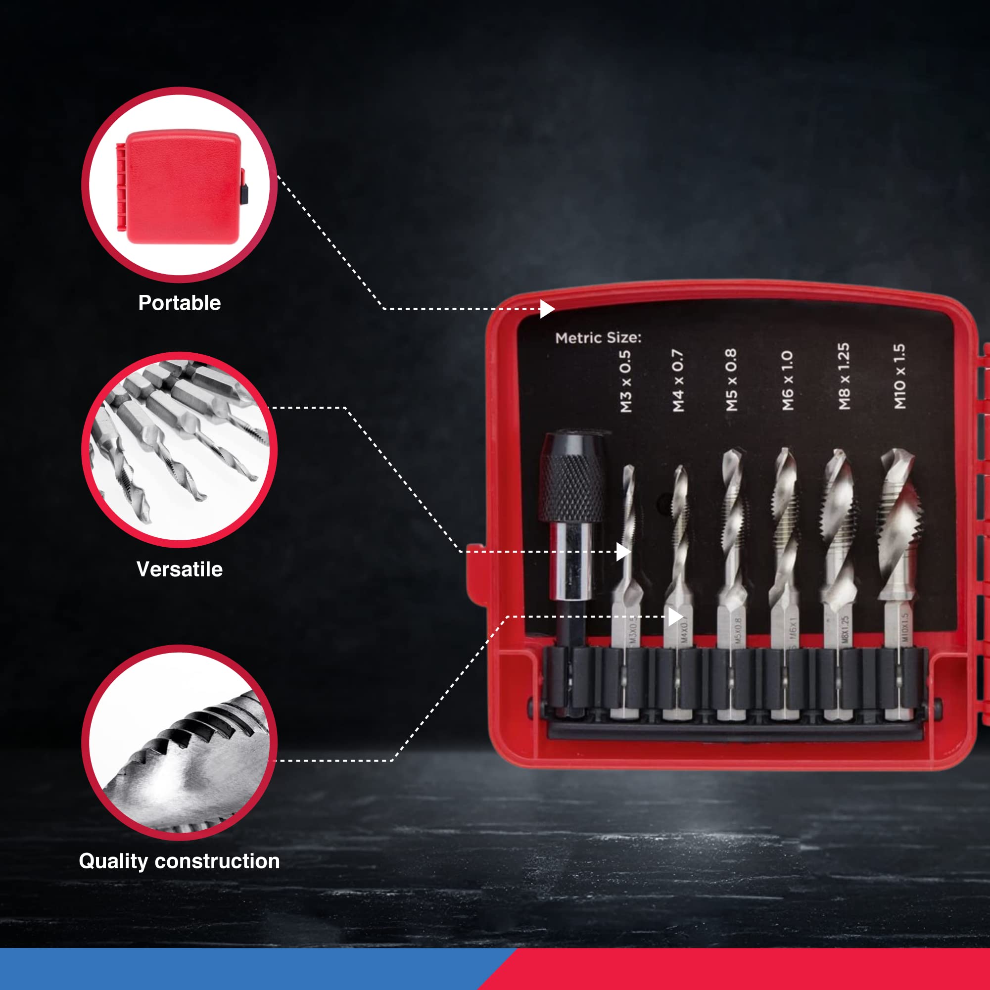 NEIKO 10059A Combination Drill and Tap Bit Set with Quick Change Adapter, 13 Piece, SAE (6-32NC to 1/4-20NC) and Metric Drill Bit Set (M3 to M10), Metric Tap Set