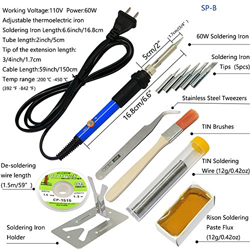 AideBench SPB2 Soldering Iron Station Kit adjustable Welder soldering Iron Kit 60W 12-in-1 5pcs Soldering Tips Desoldering Pump wire solder tweezers iron stand brush Portable Toolbox