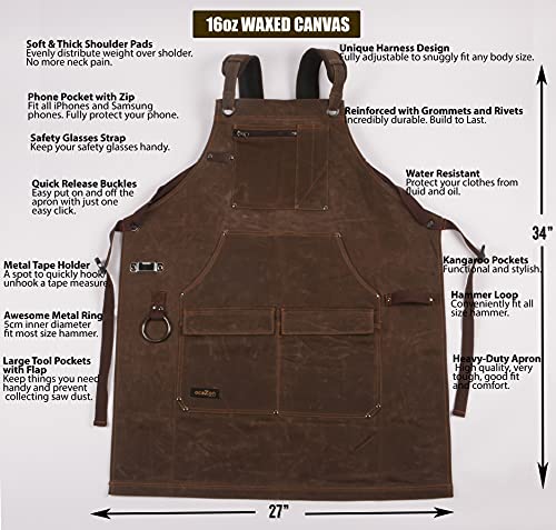 Woodworking Shop Apron - 16 oz Waxed Canvas Work Aprons | Metal Tape holder, Fully Adjustable to Comfortably Fit Men Size S to XXL | Tough Tool Apron to Give Protection, Ideal Fathers Day GIft for Dad