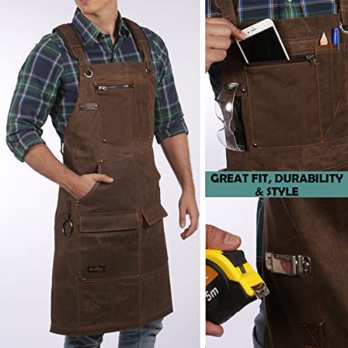 Woodworking Shop Apron - 16 oz Waxed Canvas Work Aprons | Metal Tape holder, Fully Adjustable to Comfortably Fit Men Size S to XXL | Tough Tool Apron to Give Protection, Ideal Fathers Day GIft for Dad