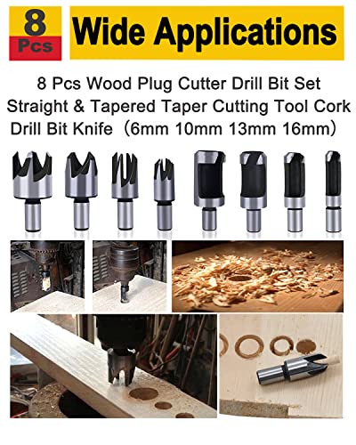 Rocaris 8pcs Wood Plug Cutter Drill Bit Set Straight and Tapered Taper Cutting Tool Cork Drill Bit Knife 6mm 10mm 13mm 16mm