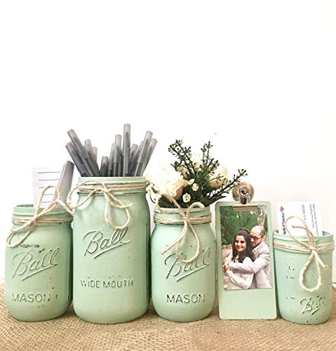 Hand Painted and Distressed Mason Jar Desk Set, Rustic Office Organization Set, Your Choice of Colors, 5 Piece Set, Painted and Distressed Mason Jars, Rustic Farmhouse Style