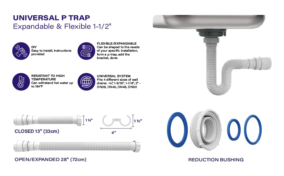 EasyDrain Universal P Trap - Expandable & Flexible ONE Side is a 1-1/2" NUT and The Drain Side is A Straight Drain Tube in 4 Common Sizes