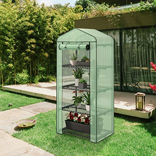 4 Tier Mini Greenhouse Indoor Outdoor with PE Cover and Roll-Up Zipper Door, Portable Waterproof Cloth Greenhouse Tent Grow Seeds & Seedlings, 2.3x1.5x5.3 FT