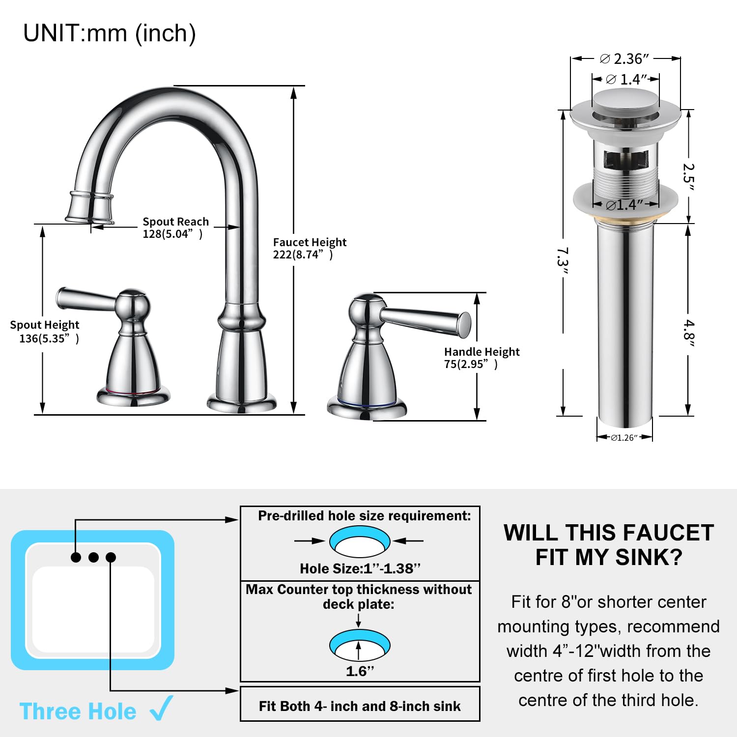 CREA Widespread Bathroom Faucet 3 Hole Chrome 8 inch 2 Handle Faucet with Pop Up Drain 4 in Sink Faucets for Vanity Lavatory Basin Restroom Bath