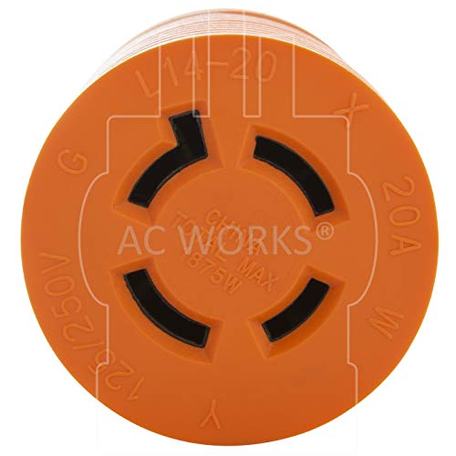 AC WORKS [AD515L1420] 15Amp Household Plug NEMA 5-15P to Generator 4 Prong 20Amp L14-20R (Two hots bridged)