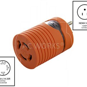 AC WORKS [AD515L1420] 15Amp Household Plug NEMA 5-15P to Generator 4 Prong 20Amp L14-20R (Two hots bridged)