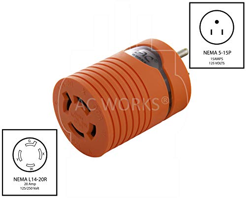 AC WORKS [AD515L1420] 15Amp Household Plug NEMA 5-15P to Generator 4 Prong 20Amp L14-20R (Two hots bridged)