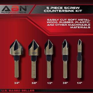 ABN Screw Countersink Kit 5-Piece SAE Drill Bit Set, 82-Degree, 1/4in Shank, 5 Flute – Metal, Wood, Rubber, Plastic