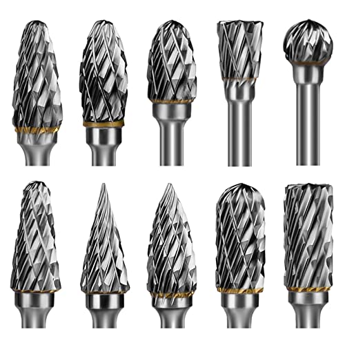 HOMEIDOL Carbide Burr Set Die Grinder Bits Rotary Tool Bits 1/8" Shank 10 PC Double Cut Wood Carving Accessories Cutting Burrs Metal Grinding Engraving Polishing Porting Trimming