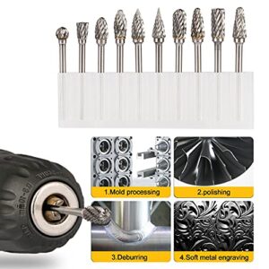 HOMEIDOL Carbide Burr Set Die Grinder Bits Rotary Tool Bits 1/8" Shank 10 PC Double Cut Wood Carving Accessories Cutting Burrs Metal Grinding Engraving Polishing Porting Trimming