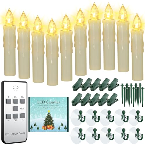 PChero Window Candles, 10 Packs Warm White Battery Operated Waterproof LED Flameless Taper Ivory Floating Candles with Remote Timer and Dimmable, Ideal for Home Indoor Outdoor Christmas Trees Decor