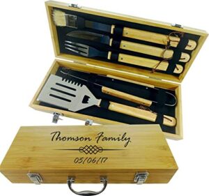 bbq set 5 tools | custom engraved/personalized grilling set with 5 useful barbeque grilling tools | barbecue utensils gifts for men & women | in natural bamboo case | grill utensils set for dad