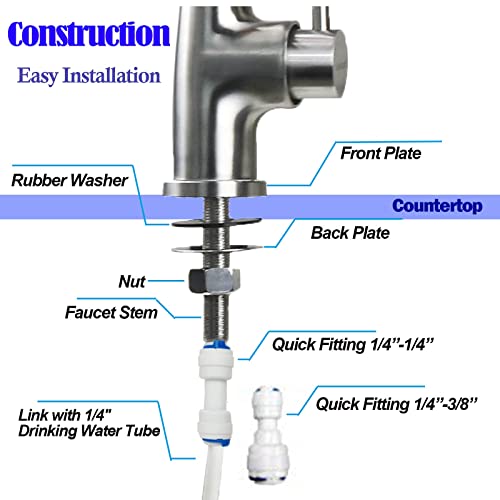 Water Filter Faucet, Fits Most Reverse Osmosis Water Filtration System, Kitchen Bar Sink Purifier Drinking Water Faucet, Stainless Steel，Lead-Free, Brushed, Single Handle