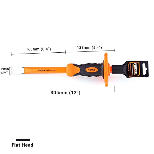 Finder 12-Inch Heavy Duty Flat Chisel with Hand Protection, Flat Head, Demolishing/Masonry/Carving/Concrete Breaker Chisels with Bi-Material Hand Guard