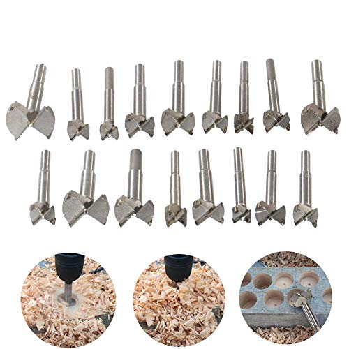 Woodworking Forstner Drill Bits Sets, HEHEINC 17 PCS Carbon High Speed Steel Wood Working Hole Cutter Titanium Coated Wood Boring Hole Drilling Sets with Round Shank 15mm-38mm