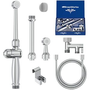 rinseworks- all brass aquaus 360 handheld bidet sprayer for toilet - nsf plumbing code certified legal installation ergonomic dual thumb pressure controls- 3”-11” spray reach 5 year warranty