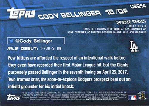 2017 Update Series #US214 Cody Bellinger Los Angeles Dodgers Baseball Rookie Debut Card