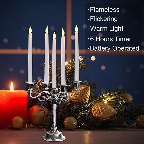 6PCS LED Flameless Taper Candles with 6 Hours Timer, 10 inch Battery Operated Fake Flickering Candlesticks Electric Long Candles for Wedding Parties Decoration