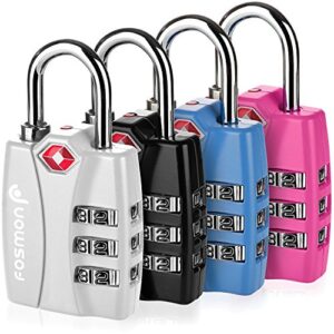 fosmon tsa accepted luggage locks, (4 pack) open alert indicator 3 digit combination padlock codes with alloy body for travel bag, suit case, lockers, gym, bike locks - black, blue, pink, and silver