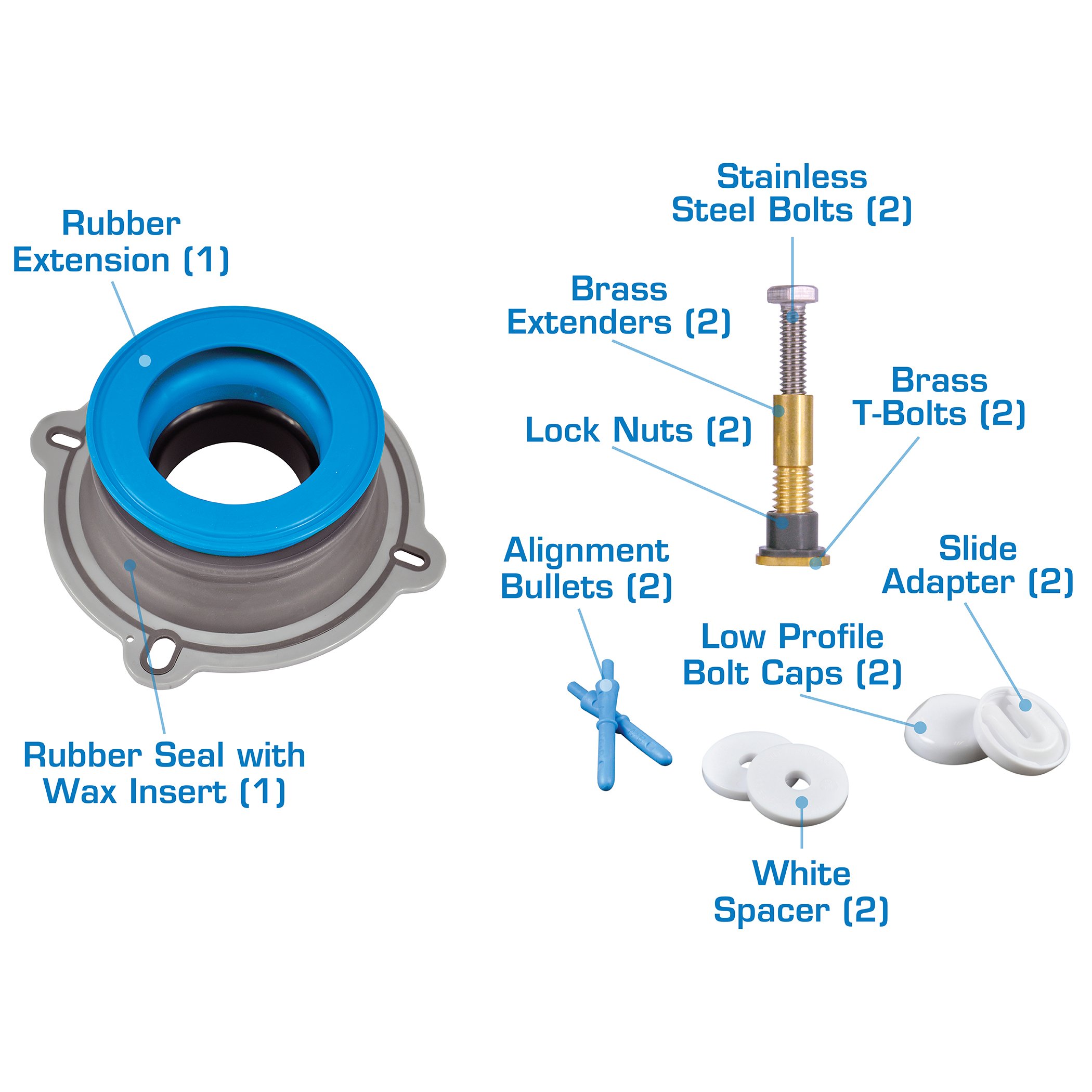 Danco 10879 All-in-One Toilet Installation Kit with Perfect Seal Wax Ring & Zero Cut Bolts, Blue and Gray, 1-Pack