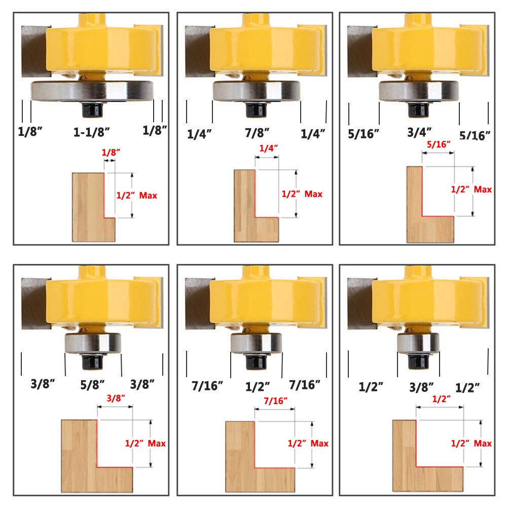 Yakamoz 1/4 Inch Shank Rabbet Router Bit with 6 Bearings Set | 1/8", 1/4", 5/16", 3/8", 7/16", 1/2" Bearings