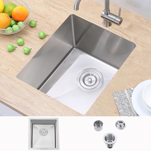 Hotis Undermount Bar Sink, 15 X 17 Inch Brush Nickel Small Rv Kitchen Sink, Stainless Steel Handmade Single Bowl Outdoor Wet Bar Prep Sink With Strainer