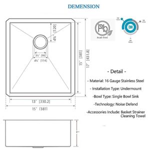 Hotis Undermount Bar Sink, 15 X 17 Inch Brush Nickel Small Rv Kitchen Sink, Stainless Steel Handmade Single Bowl Outdoor Wet Bar Prep Sink With Strainer