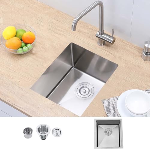 Hotis Undermount Bar Sink, 15 X 17 Inch Brush Nickel Small Rv Kitchen Sink, Stainless Steel Handmade Single Bowl Outdoor Wet Bar Prep Sink With Strainer