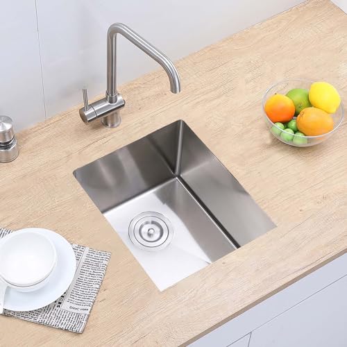 Hotis Undermount Bar Sink, 15 X 17 Inch Brush Nickel Small Rv Kitchen Sink, Stainless Steel Handmade Single Bowl Outdoor Wet Bar Prep Sink With Strainer