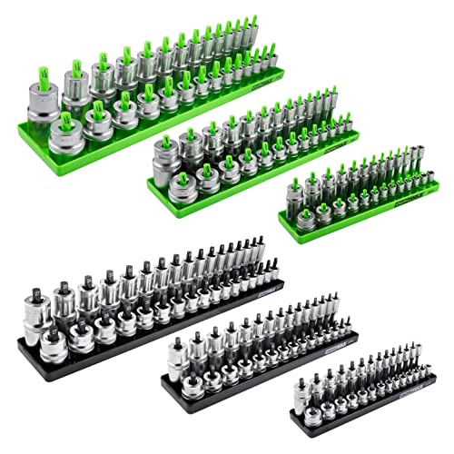 OEMTOOLS 22233 6 Piece SAE and Metric Socket Tray Set, SAE and Metric Socket Storage for Sizes 1/4", 3/8”, and 1/2" Drive, Socket Holders and Socket Organizer Tray for Toolbox, Green and Black