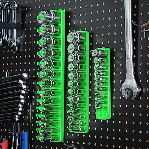 OEMTOOLS 22233 6 Piece SAE and Metric Socket Tray Set, SAE and Metric Socket Storage for Sizes 1/4", 3/8”, and 1/2" Drive, Socket Holders and Socket Organizer Tray for Toolbox, Green and Black