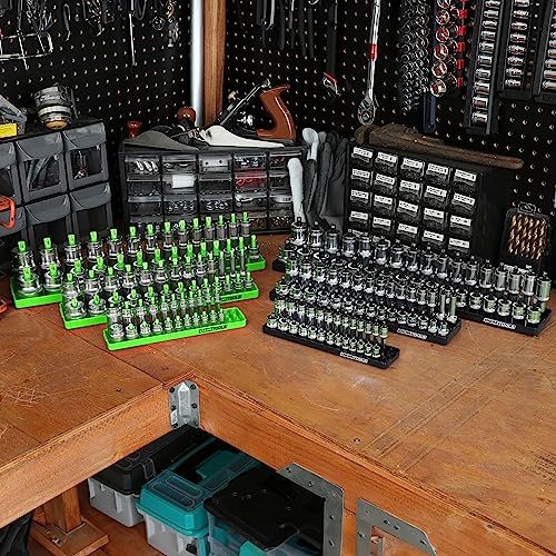 OEMTOOLS 22233 6 Piece SAE and Metric Socket Tray Set, SAE and Metric Socket Storage for Sizes 1/4", 3/8”, and 1/2" Drive, Socket Holders and Socket Organizer Tray for Toolbox, Green and Black