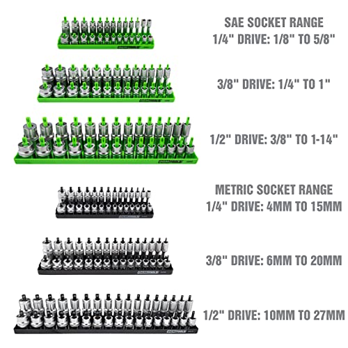 OEMTOOLS 22233 6 Piece SAE and Metric Socket Tray Set, SAE and Metric Socket Storage for Sizes 1/4", 3/8”, and 1/2" Drive, Socket Holders and Socket Organizer Tray for Toolbox, Green and Black