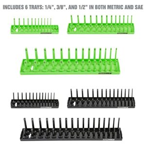 OEMTOOLS 22233 6 Piece SAE and Metric Socket Tray Set, SAE and Metric Socket Storage for Sizes 1/4", 3/8”, and 1/2" Drive, Socket Holders and Socket Organizer Tray for Toolbox, Green and Black