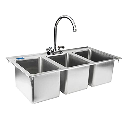 AmGood Stainless Steel Drop Sink - 3 Compartment Drop in Sink | NSF Certified (10" x 14" x 10" With Faucet)