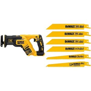 dewalt dcs367b 20v max xr brushless compact reciprocating saw, (tool only) and dw4856 metal/woodcutting reciprocating saw blade set, 6-piece