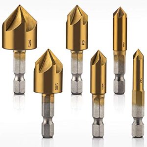 QWORK Countersink Drill Bits Center Punch Set 6 Pcs 1/4'' Hex Shank HSS 5 Flute Countersink 90 Degree Center Punch Tool Sets for Wood Quick Change Bit 6mm-19mm