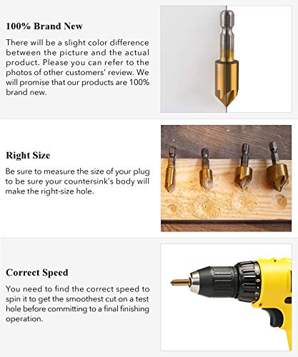 QWORK Countersink Drill Bits Center Punch Set 6 Pcs 1/4'' Hex Shank HSS 5 Flute Countersink 90 Degree Center Punch Tool Sets for Wood Quick Change Bit 6mm-19mm