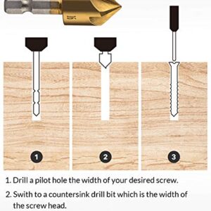 QWORK Countersink Drill Bits Center Punch Set 6 Pcs 1/4'' Hex Shank HSS 5 Flute Countersink 90 Degree Center Punch Tool Sets for Wood Quick Change Bit 6mm-19mm