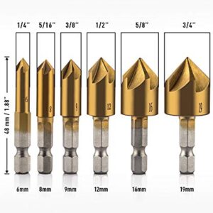 QWORK Countersink Drill Bits Center Punch Set 6 Pcs 1/4'' Hex Shank HSS 5 Flute Countersink 90 Degree Center Punch Tool Sets for Wood Quick Change Bit 6mm-19mm