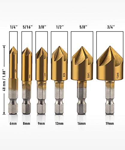 QWORK Countersink Drill Bits Center Punch Set 6 Pcs 1/4'' Hex Shank HSS 5 Flute Countersink 90 Degree Center Punch Tool Sets for Wood Quick Change Bit 6mm-19mm