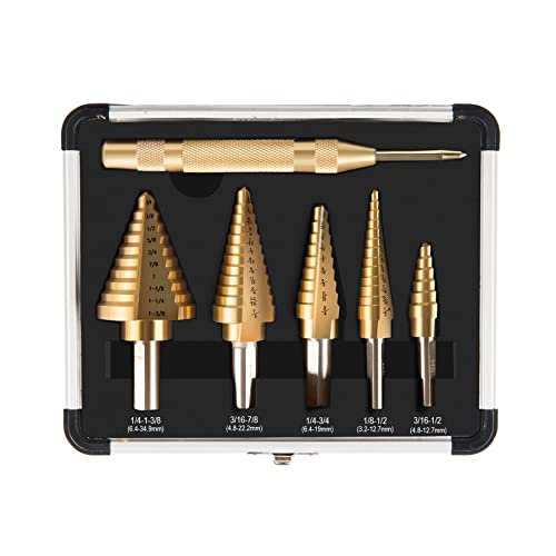 ZELCAN HSS 5PCS Titanium Step Drill Bit Set with Automatic Center Punch for Sheet Metal with Aluminum Case, 50 Sizes in 5 High Speed Multiple Hole Stepped Up Steel Bits for DIY Lovers