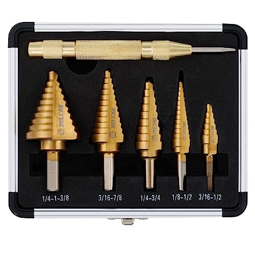 ZELCAN HSS 5PCS Titanium Step Drill Bit Set with Automatic Center Punch for Sheet Metal with Aluminum Case, 50 Sizes in 5 High Speed Multiple Hole Stepped Up Steel Bits for DIY Lovers