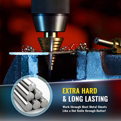 ZELCAN HSS 5PCS Titanium Step Drill Bit Set with Automatic Center Punch for Sheet Metal with Aluminum Case, 50 Sizes in 5 High Speed Multiple Hole Stepped Up Steel Bits for DIY Lovers