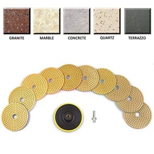 ADVcer Wet Diamond Polishing Pads Set, 4" 10 Pads 50 to 3000 Grit with Hook and Loop Backing Holder Disc - Ideal Buffing Kit for Granite Concrete Marble Stone Countertop Tile Floor Grinder or Polisher