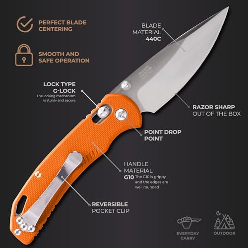 Firebird GANZO F753M1 Pocket Folding Knife G-10 Anti-Slip Handle with Clip 440C Stainless Steel Blade Camping Fishing Outdoor Folder EDC Knife (Orange)