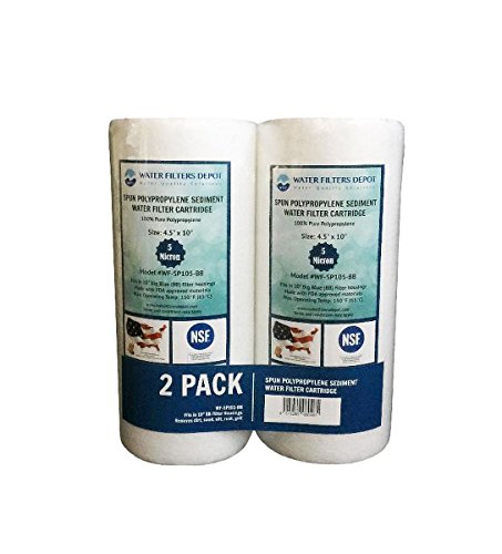 WFD, WF-SP105-BB 4.5"x10" 5 Micron Sediment Water Filter Cartridge, Spun Polypropylene, Fits in 10" Big Blue (BB) Housings of Filtration Systems for Whole House (2 Pack)