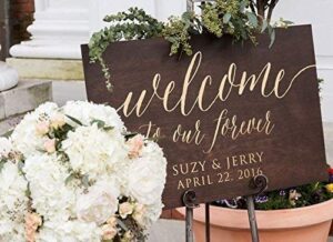 custom wooden welcome sign for rustic weddings: display date & couple name, personalized welcome wedding sign, weathered oak stain wood sign, wedding & reception decorations